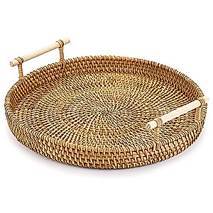 Hipiwe Round Rattan Serving Tray with Handles Wicker Tray Coffee Table Decorative Tray Hand Woven Serving Basket Ottoman Trays for Fruit Bread Parties Breakfast