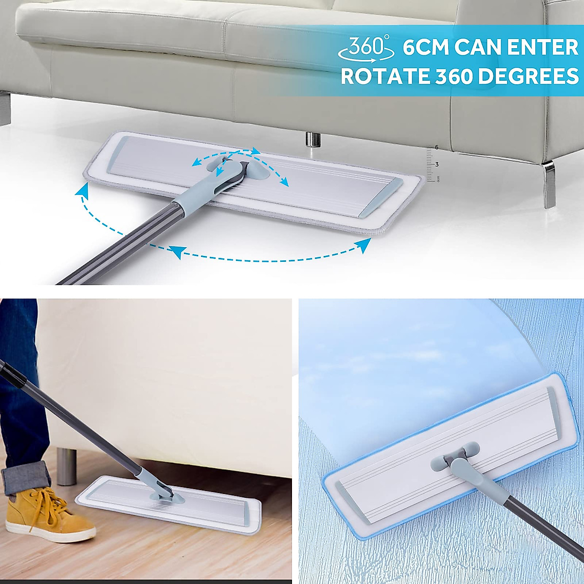 DEANIC 16" Wet Dust Mops Hardwood Floor with 3 Washable Pads Flat Mop Microfiber Mop for Floor Cleaning…