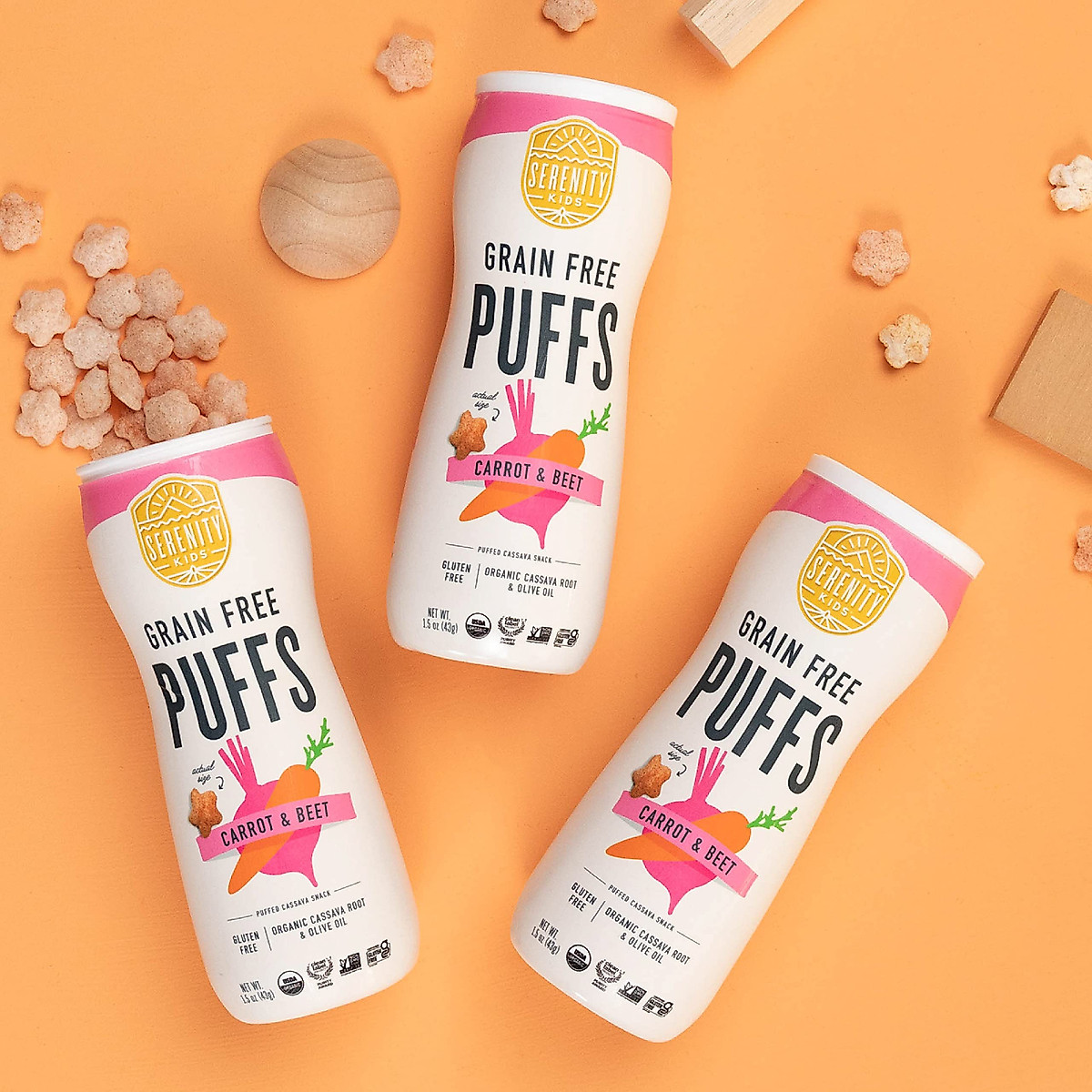 Serenity Kids 6+ Months Grain Free Puffs Toddler & Baby Snack | No Added Sugar, Gluten & Rice Free, Allergen Free | Made with Organic Cassava, Veggies, and Herbs | Carrot & Beet | 6 Count