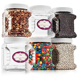 DilaBee Clear Plastic Storage Jars with Lids - 6 Pack - Square Plastic Containers with Airtight Lids - Canisters with Pinch Grip Handles - BPA-Free - 48 Oz