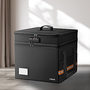 Fireproof Document Box with 13 Pockets Accordian File Organizer, ELOBOON Water-Resistant File Organizer Box with Lock, Collapsible File Storage Box Cabinet for Hanging Letter/Legal Folder, Black