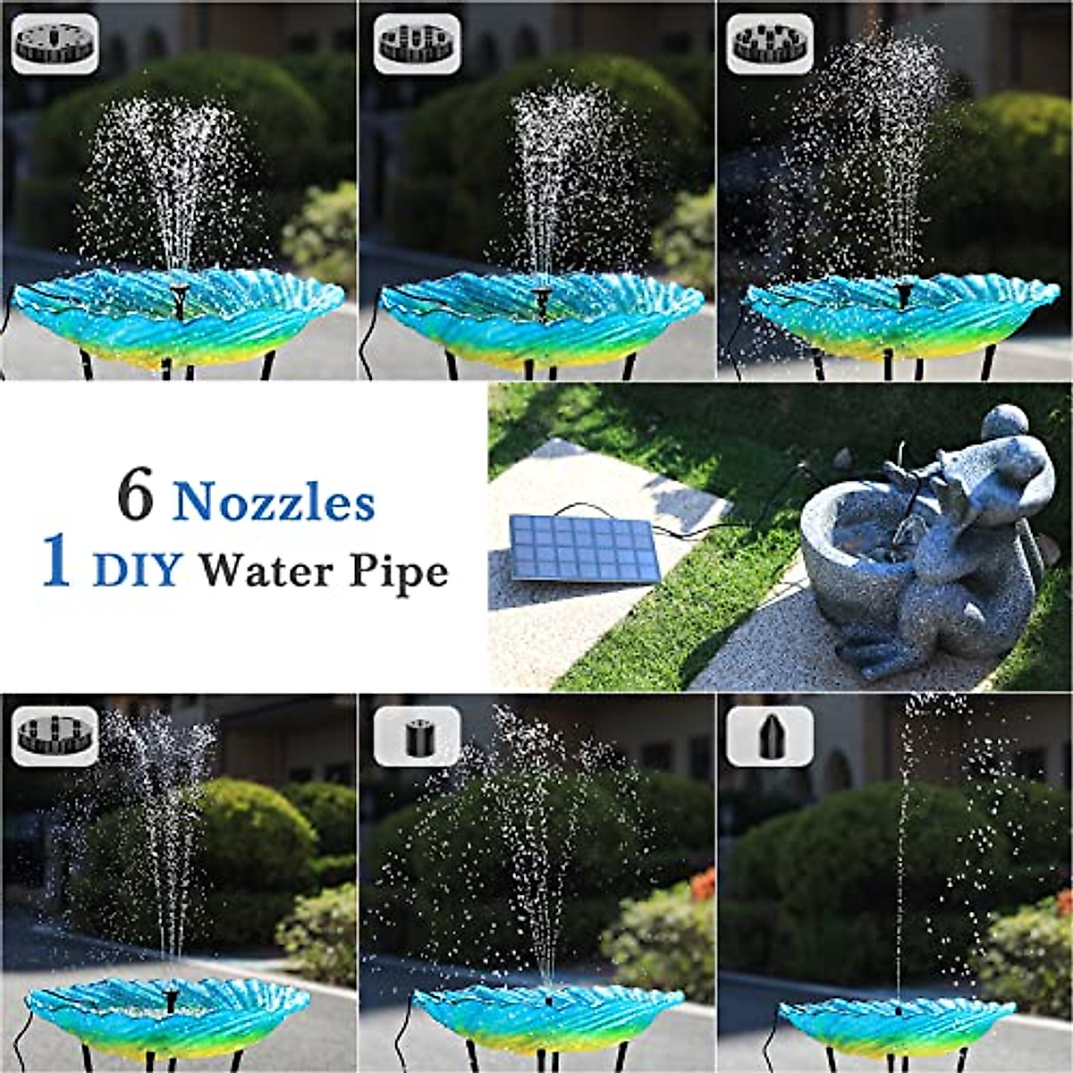 Solar Fountain Pump with Panel - AMZTime 2.5W DIY Solar Water Pump Kit with 6 Nozzles and 4ft Water Pipe, Solar Powered Fountain for Bird Bath, Fish Tank, Outdoor Pond, Patio Garden