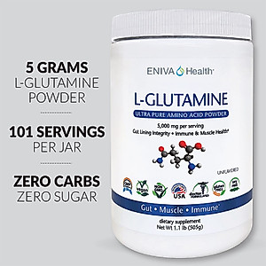 Eniva Health L-Glutamine Pure Powder, Unflavored (101 Servings) | Vegan, Gluten-Free, Sugar-Free, Non-GMO | Doctor-Formulated, USA Made | Gut Health, Leaky Gut, Bloating, Muscle Health, Immune System