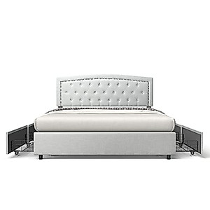 BONSOIR Queen Size Storage Bed Frame Upholstered Low Profile Traditional Platform with Tufted and Nail Headboard