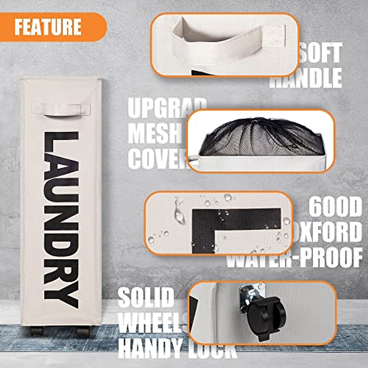 Caroeas 22" Rolling Slim Laundry Basket with Stand Foldable Waterproof Sorter and Organizer on Wheels Tall Thin Dirty Laundry Hamper Basket Home Corner Bin (Beige)