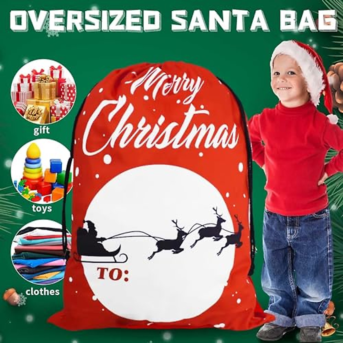 ulafbwur Hand Washable Santa Bag Reusable with Reindeer Sleigh Design Large 70x50cm Size Heavy Duty Cotton Material Festive Drawstring for Red