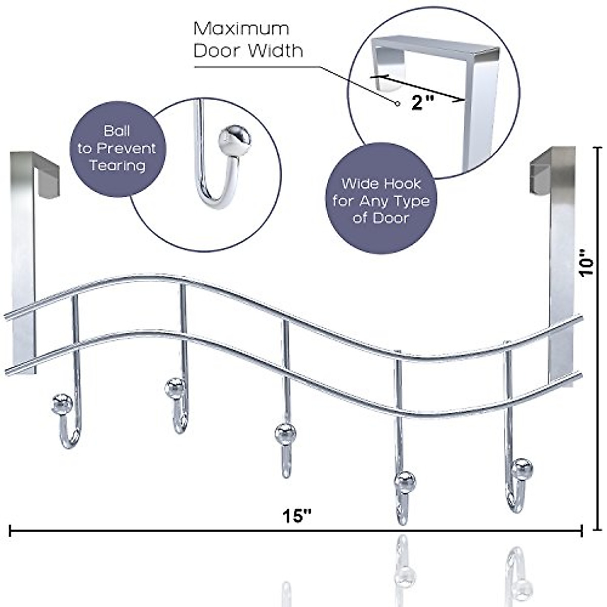 Over the Door Rack with Hooks | 5 Hangers for Towels Coats Clothes Robes Ties Hats | Bathroom Closet Extra Long Heavy Duty Chrome Space Saver Mudroom Organizer by Kyle Matthews Designs