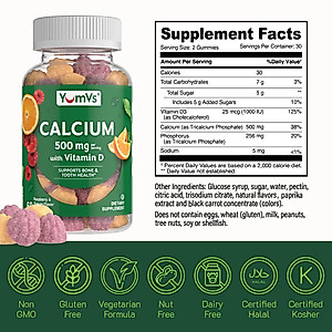 YumVs Calcium 500mg with Vitamin D3 - Raspberry & Orange Flavor Calcium Vitamin D Gummies, Chewable Calcium Supplement for Kids & Adults, Vitamin D Calcium Gummies, Kosher Halal Gluten Free (60 Count)