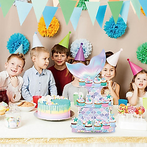 SEVEMIL 3 Tier Mermaid Cupcake Stand, Blue & Pink, Cardboard, 12"H