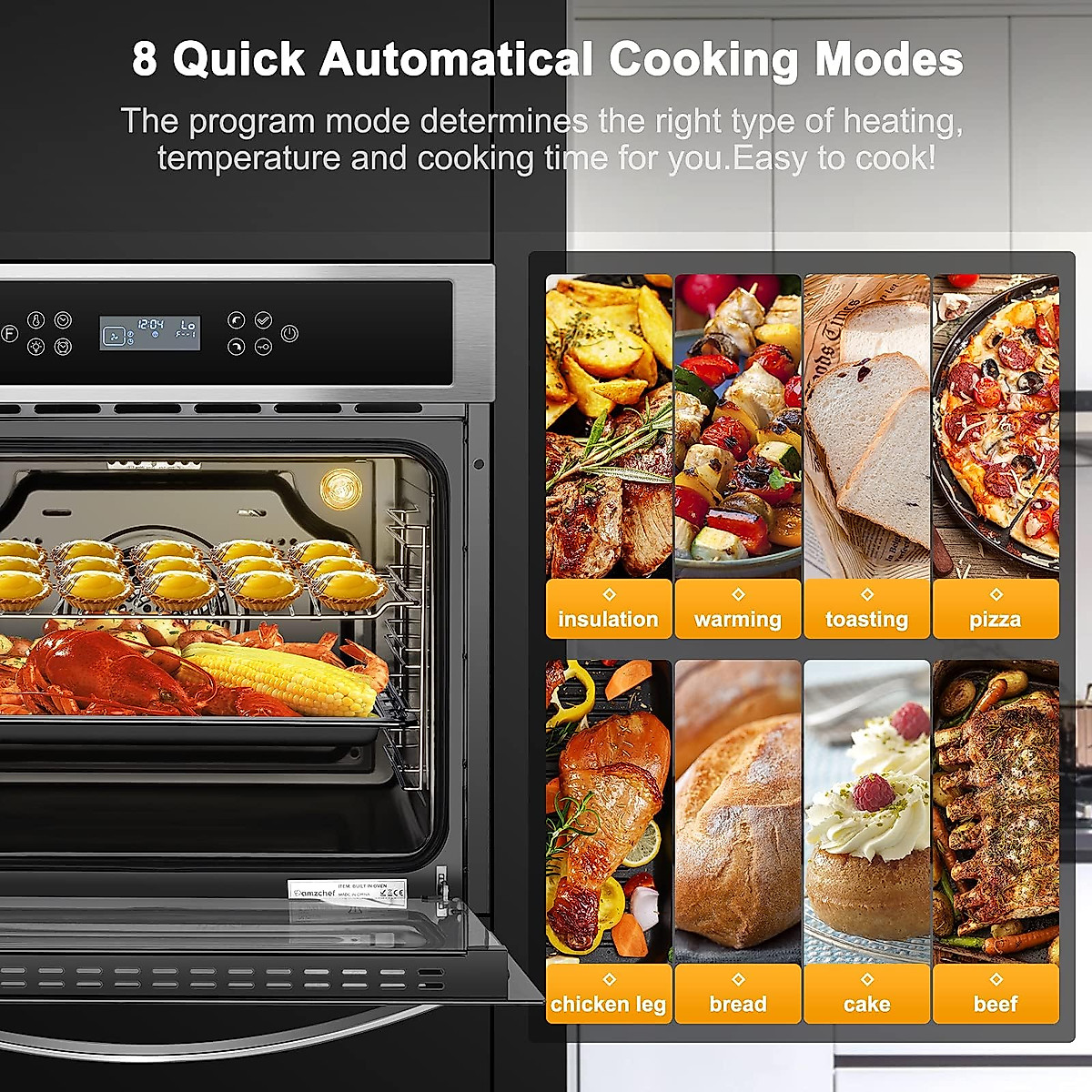 AMZCHEF Single Wall Oven 24" Built-in Electric Ovens with 11 Functions, 8 Automatic Recipes, 2800W, 240V, 2.5Cu.f Convection Wall Oven in Stainless Steel, Touch Control, Timer, Safety Lock,Upgraded