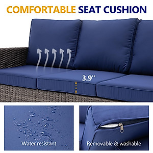 RoyalCraft 7 Piece Outdoor Patio Furniture Set, All-Weather Rattan Wicker Sectional Sofa Set with Glass Coffee Table, Outdoor Conversation Set for Balcony Backyard Porch, Blue Cushion