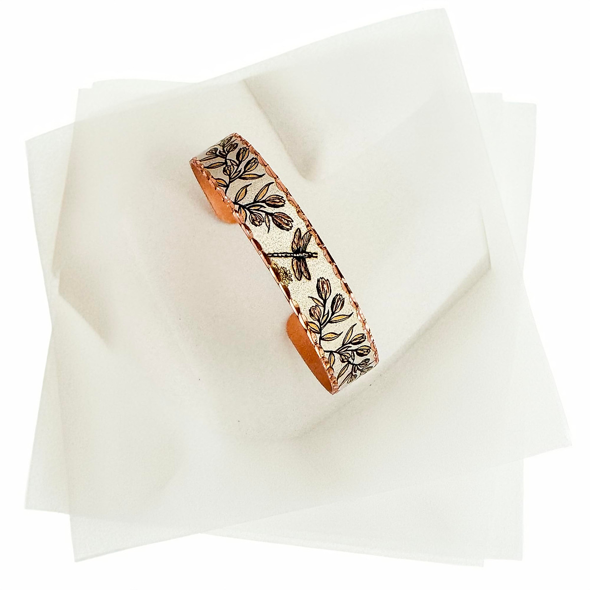 FRONT LINE JEWELRY Women's Dragonfly Bracelets Cuff Handcrafted in Classic Earth-tones Copper & Silver Water Lilies Open-Ended Copper Cuff, Dragonfly Jewelry, Gifts for Dragonfly Lovers