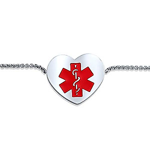 Personalize Customizable Heart Shape Charm Tag Medical ID Box Link Chain Bolo Bracelet Adjustable Engrave for Women Teen Silver Tone Stainless Steel Custom Engraved