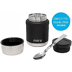 MIRA Thermos for Hot Food & Soup - 15 oz Insulated Food Jar with Foldable Spoon - Leak Proof Stainless Steel Thermal Storage Lunch Container, Canteen, Double Walled, Black