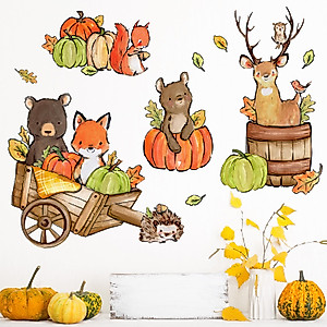 Yovkky Fall Woodland Animals Wall Decals Stickers, Autumn Pumpkin Bear Fox Deer Hedgehog Owl Neutral Nursery Toddler Decor, Thanksgiving Kids Room Home Decorations Bedroom Playroom Art