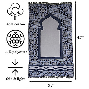 Modefa Turkish Islamic Prayer Mat Janamaz Sajjadah | Thin Woven Cotton Praying Rug | Traditional Muslim Sejada for Men Women Pocket Travel Mat - Stargazer (Blue)