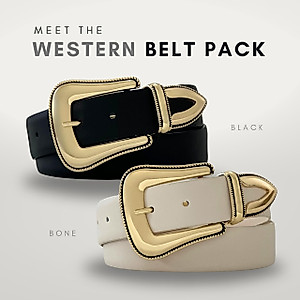 Citrusy Boutique Western Belt 2-Pack | Country Western Fashion Cowgirl Belts for Women | Cute Chunky Gold Western Belt Buckle | Cream and Black PU Leather Belts (Western Pack | Size M-L)