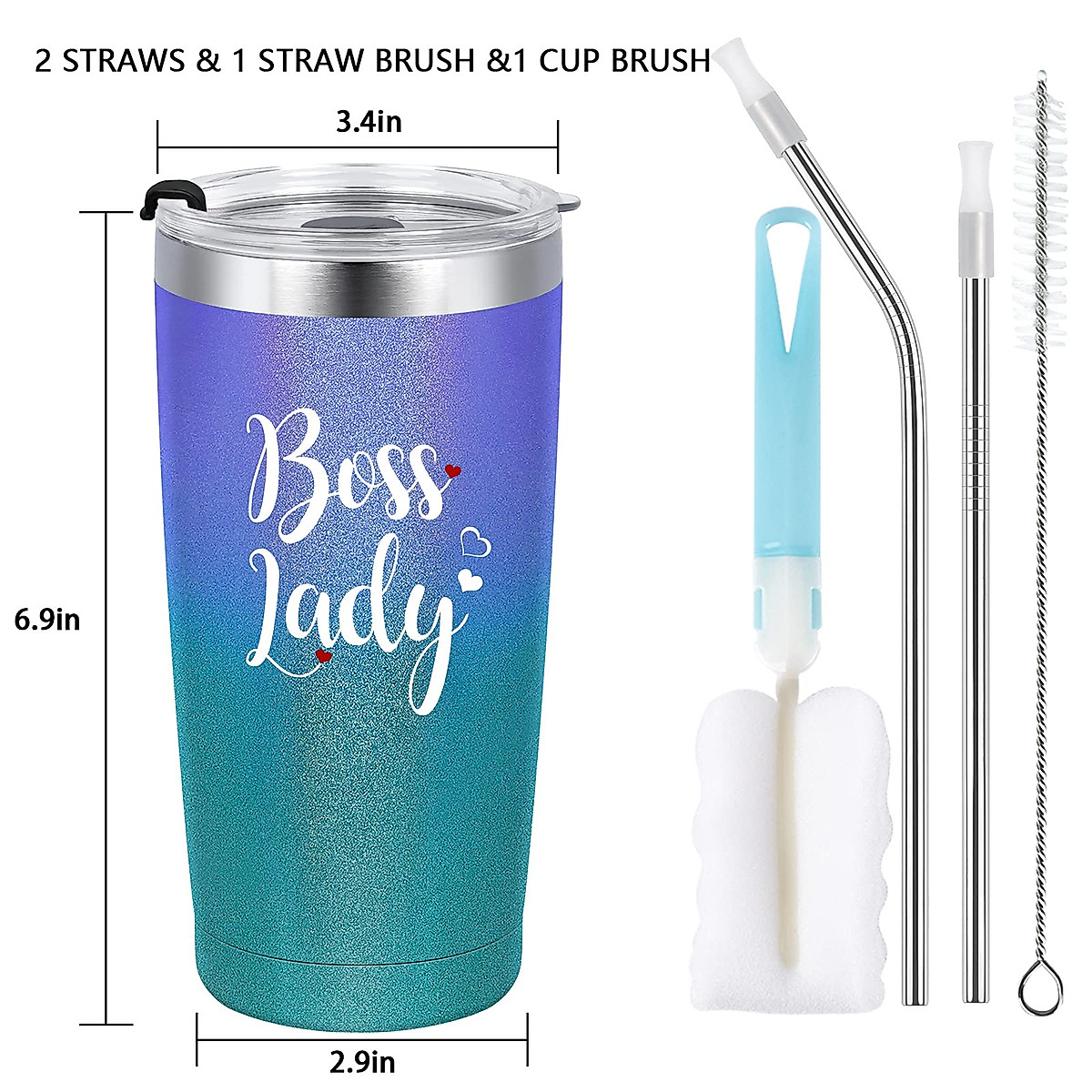 Boss Day Gifts-Boss Lady Stainless Steel Travel Tumbler, Boss Gifts for Women Boss Lady Gag Female Friends Wine Lover Mom on Christmas Birthday, 20oz Insulated Travel Tumbler with Lids, Flash Gradient