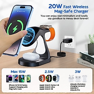 3 in 1 Magnetic Wireless Charging Station for Apple Devices, Ceftydy 20W Fast Mag-Safe Charger Stand with Adapter and LED, for iPhone 15,14,13,12 Pro/Pro Max/Plus/Mini, Apple Watch & AirPods