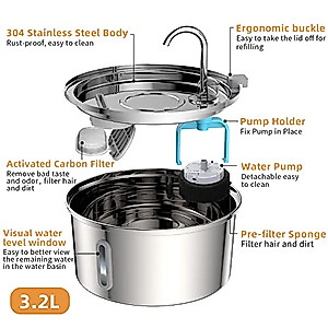 Tomxcute Cat Water Fountain, 3.2L/108oz Automatic Stainless Steel Pet Fountain Water Levels Window can be Checked Dog Water Dispenser, Ultra-Quiet Pump and 3 Replacement Filters & for Multiple Pets