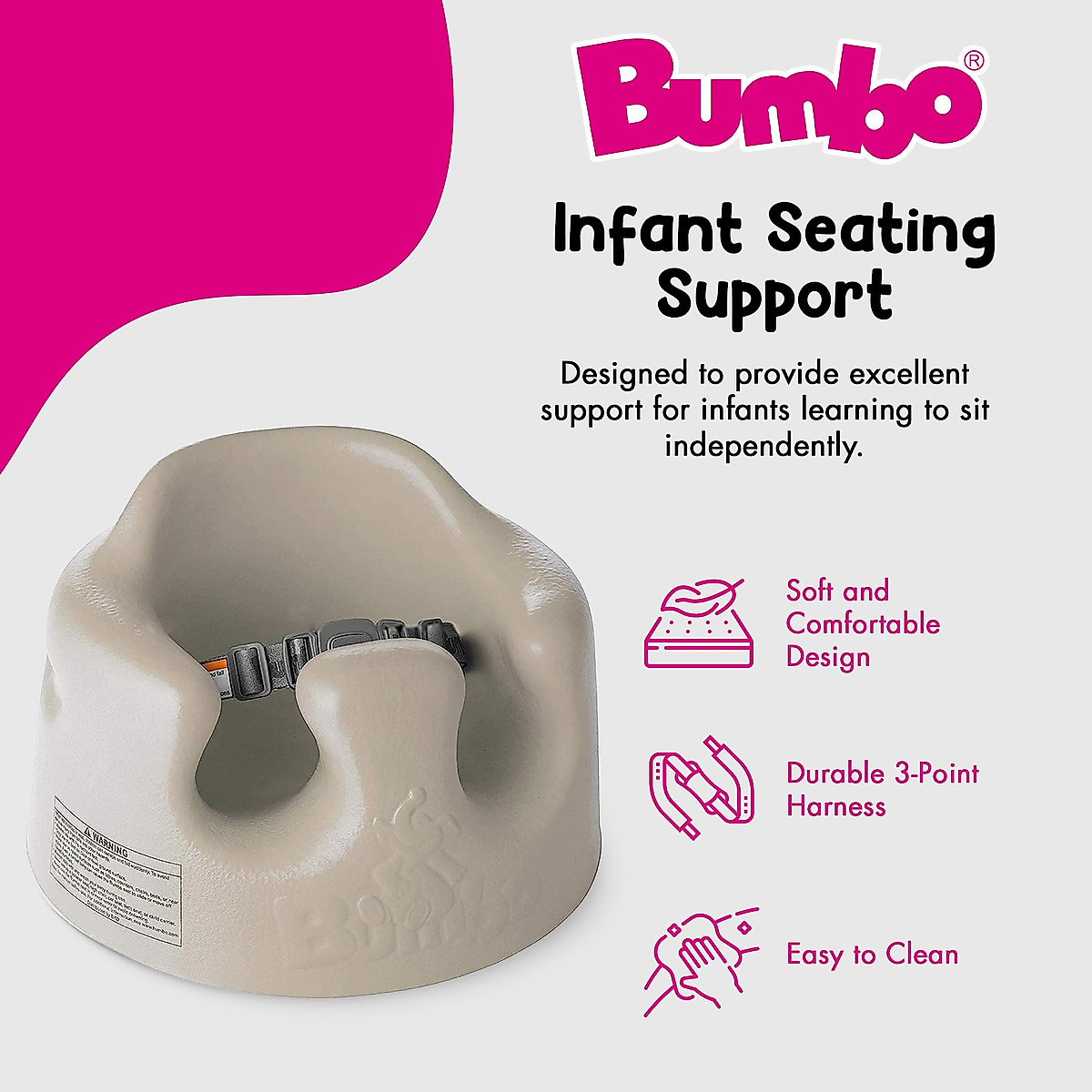 Bumbo Infant Floor Seat Baby Lounger Sit Up Support Chair for 3 to 12 Months with 3 Point Adjustable Safety Strap Harness and Rounded Backrest, Taupe