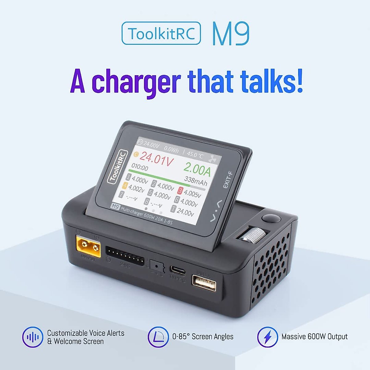 ToolkitRC M9 600W USB-C USB-A Fast Charing DC Smart Charger Adjustable Screen Angle with Audio Function for 1-8S Lipo LiHv Life Battery