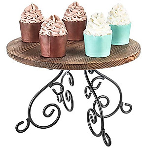 MyGift 12-inch Round Wooden Cake Stand with Rustic Burnt Wood and Black Metal Pedestal Base with Scrollwork Design