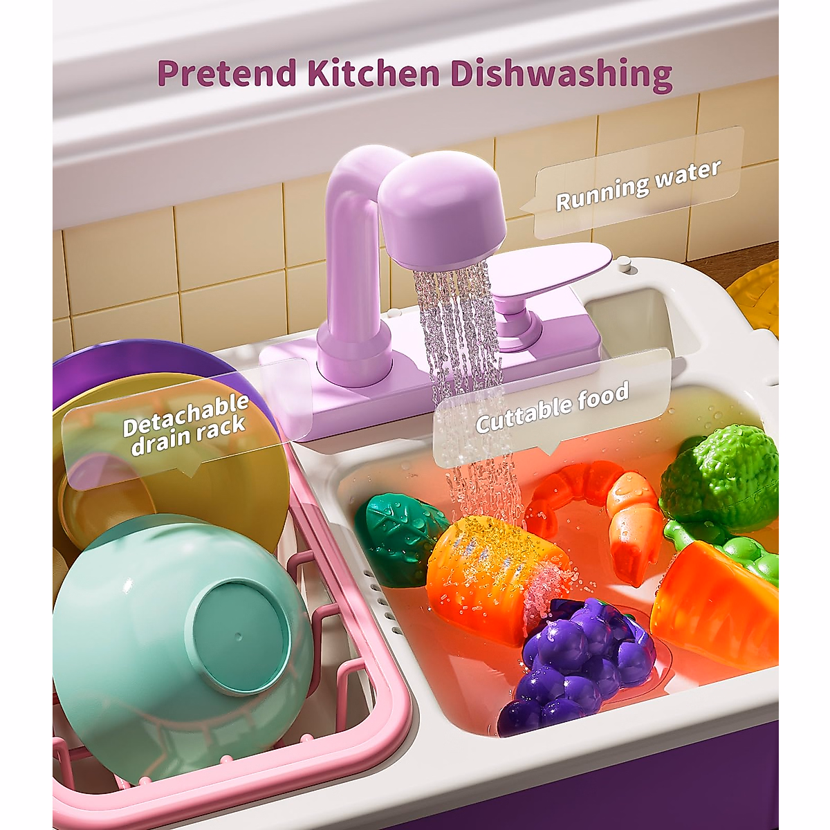 Geyiie Kitchen Sink Toy for Toddlers, Play Sink with Running Water, Upgraded Real Faucet, Dish Rack & Play Cutting Food, Kids Kitchen Sink Toy Gifts for 3 4 5 6 7 Years Old