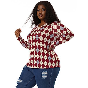 Agnes Orinda Plus Size Knit Tops for Women Argyle Plaid V Neck Long Sleeve Pullover Homecoming T Shirt 4X Red