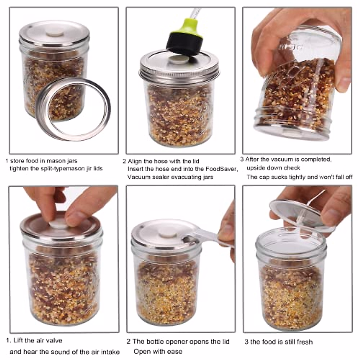 ziHenryDa Fermenting Lids, Vacuum seal cap Compatible with FoodSaver Vacuum Sealer, Food Storage/fermentation lids/Freshness Mason Jar Vacuum Seal Lid,6 set stainless Steel Lids+Accessory Hose,86mm