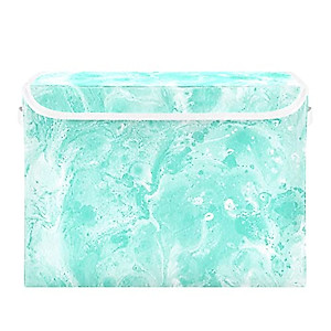 Kigai Storage Basket Abstract Marble Mint Green Storage Boxes with Lids and Handle, Large Storage Cube Bin Collapsible for Shelves Closet Bedroom Living Room, 16.5x12.6x11.8 In