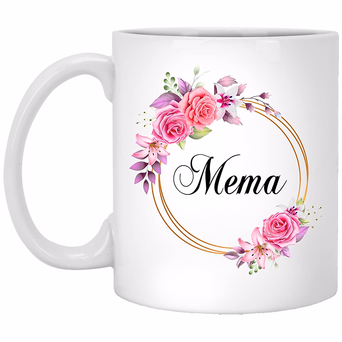 GavinsDesigns Mema Flower Novelty Coffee Mug Gift For Mother's Day - Mema Pink Flowers On Gold Frame - New Mema Mug Flower - Birthday Gifts For Mema - Mema Coffee Mug 11oz(MUG-T4LOBO5HA3-11oz)