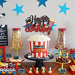 Movie Night Happy Birthday Cake Topper Glitter Movie Film Theater Birthday Cake Decoration Roll Hollywood Cinema Theme Birthday Party Baby Shower Supplies