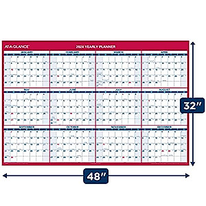AT-A-GLANCE 2024 Monthly Erasable Calendar, Dry Erase Wall Planner, 48" x 32", Extra Large, Vertical/Horizontal, Reversible (PM3262824)