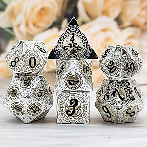 Metal Dice Set 7pcs DND - Table Game RPG Hollow Dice Silver and Black, with Metal Gift Box, Suitable for Dungeon and Dragon D&D MTG, Math Teaching, Polyhedron D4 D6 D8 D10 D10％ D20