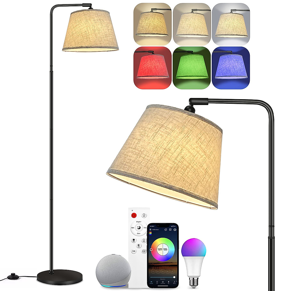 RGBWW Arc Floor Lamp for Living Room, Compatible with Alexa, Google Home, 2700K-6500K Dimmable Smart LED Lamp with Remote & WiFi APP Control, 67" Tall Modern Standing Lamp for Bedroom, Office (Black)