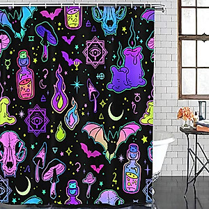 Halloween Bathroom Sets with Shower Curtain and Rugs and Accessories, Witch Skull Shower Curtain Sets, Spooky Shower Curtains for The Bathroom, Halloween Bathroom Decor 4 Pcs