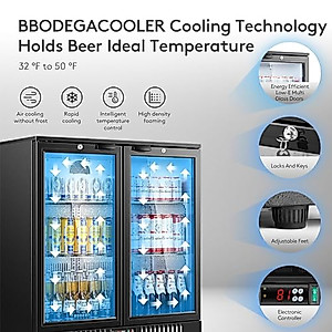 BODEGACOOLER Back Bar Cooler With 2 Glass Doors,Commercial Bar Cooler Under Counter7.4Cu.Ft,Back Bar Fridge, Beverage Bar Refrigerator with LED Lighting for Display Beverage,for Beer,Soda Drinks,Wine