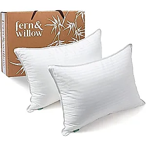Fern and Willow Pillows for Sleeping - Set of 2 Queen Size Down Alternative Pillow Set w/ Luxury Plush Cooling Gel for Side, Back & Stomach Sleepers