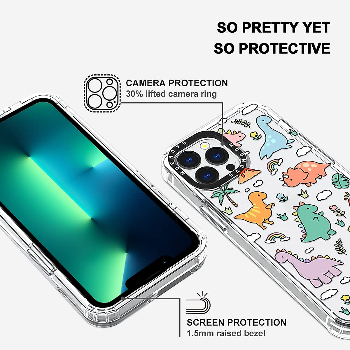 MOSNOVO Case for iPhone 13 Pro Max, [Buffertech 6.6ft Military-Grade Drop Protection] [Anti Peel Off Tech] Clear TPU Bumper Phone Case Cover Design - Dinosaur Land