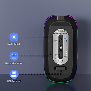 TENMOS Wireless Bluetooth Mouse, LED Slim Dual Mode (Bluetooth 5.1 + USB) 2.4GHz Rechargeable Silent Bluetooth Wireless Mouse with Type C Adapter for Laptop/Macbook/iPad OS 13 and above (Matte Black)