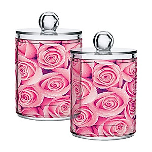 ALAZA 2pcs Vintage Flower Pink Rose Qtip Holder Dispenser 14 oz Bathroom Storage Clear Apothecary Jars Containers Cotton Ball,Cotton Rounds,Floss Picks, Hair Clips, Food