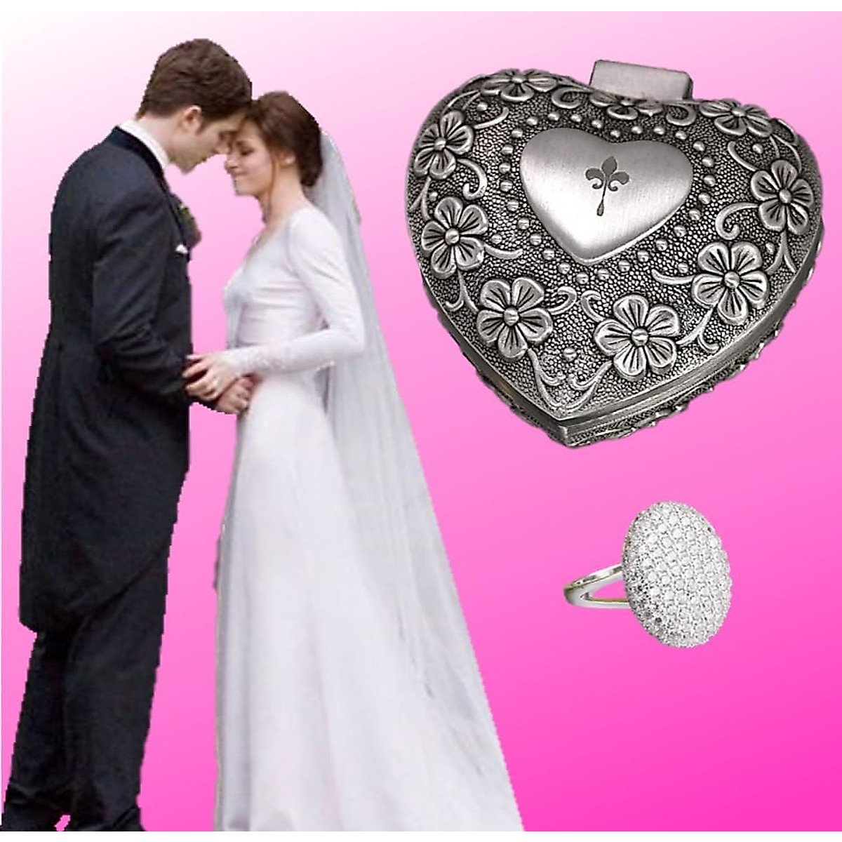 925 Sterling Silver Bella Swan's Wedding Ring ~ inlaid CZ/Moissanite diamonds ~ Twilight Bella Swan's Micro Pavé engagement ring ~ With Heart Shape Metal Box ✬✬✬By Fantasy World✬✬✬, Metal, Moissanite