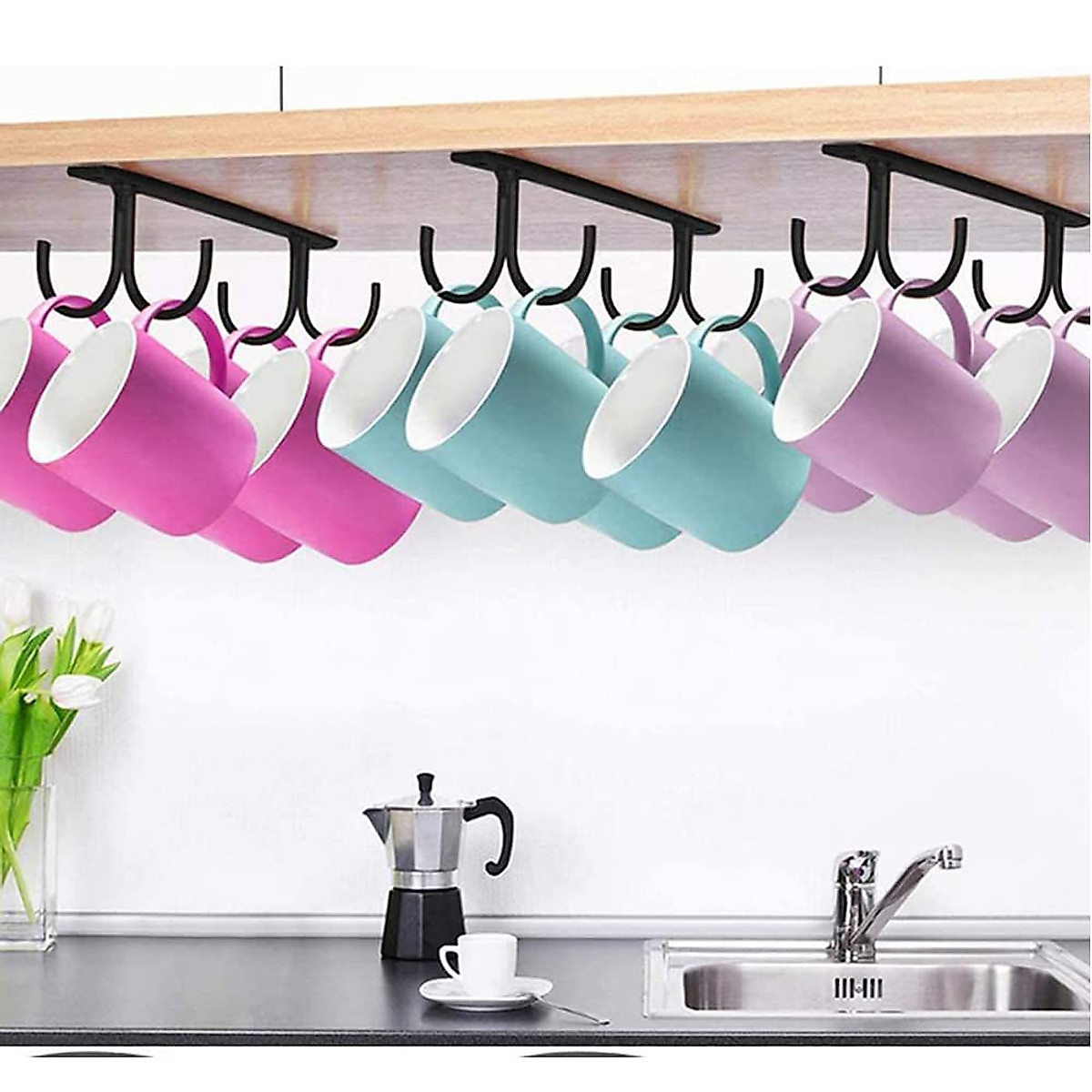 luzen 3Pcs Mug Rack Under Cabinet Metal Under Shelf Mugs Hooks Mug Coffee Cups Drying Hanging Hook Holder Metal Hangers Organizer for Mugs, Coffee Cups, Bar and Kitchen Utensils