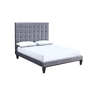 Iconic Home Beethoven Bed Frame with Headboard Velvet Upholstered Button Tufted Tapered Birch Legs Modern Transitional, Queen, Grey
