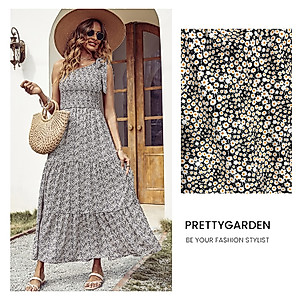 PRETTYGARDEN Women's Summer Floral Maxi Dress Knot One Shoulder Sleeveless Ruffle Flowy Boho Beach Wedding Guest Dresses(Black White Floral,Medium)