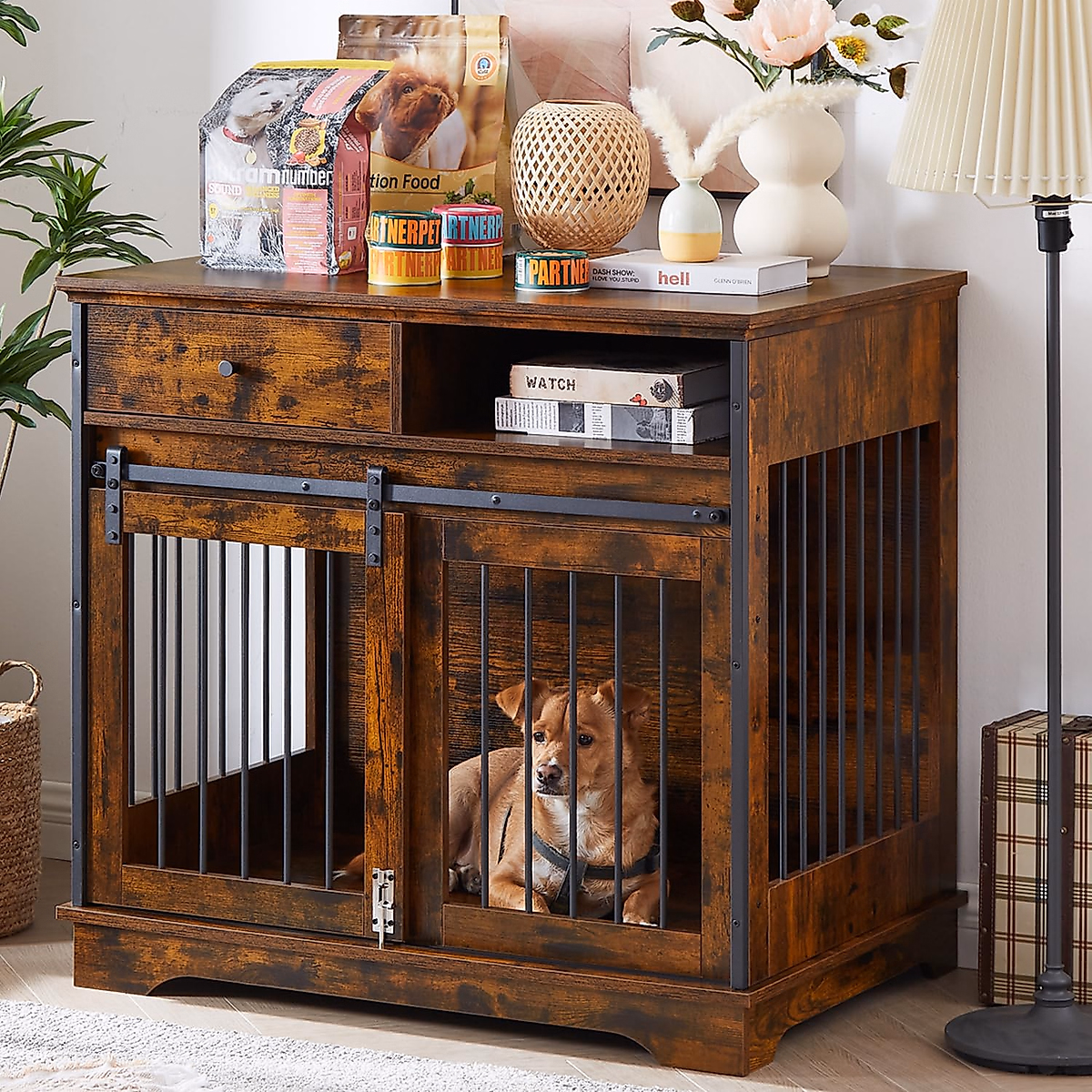 Lostcat Dog Crate Furniture with Sliding Barn Door, with Drawer and Storage,35in Rustic Style Decorative Dog Cage,Wooden Dog Kennel End Table, Easy Assembly,for Small Medium Dog(Rustic Brown)