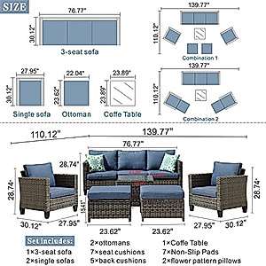 ovios Patio Furniture Sets 6 PCS High Back Outdoor Wicker Rattan Sofa Sectional Set with Coffee Table Garden Backyard Porch (Denim Blue-Grey)