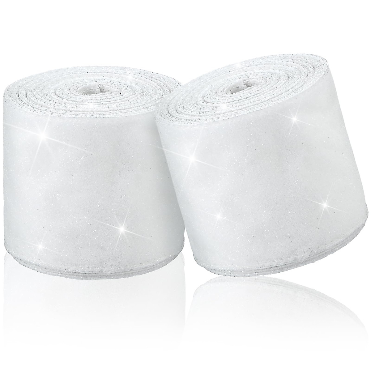 Cindeer 2 Rolls Christmas Glitter Wired Edge Ribbon Wired Fabric Ribbons for Gifts Wrapping Garland Card Craft Wreath Holiday Party Home(2.5 Inch X 20 Yard in Total,White)