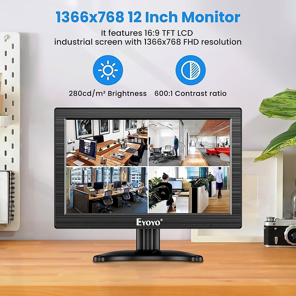 Eyoyo 12" Inch TFT LCD Monitor with AV HDMI BNC VGA Input 1366x768 Portable Mini HD Color Screen Display with Built-in Speaker